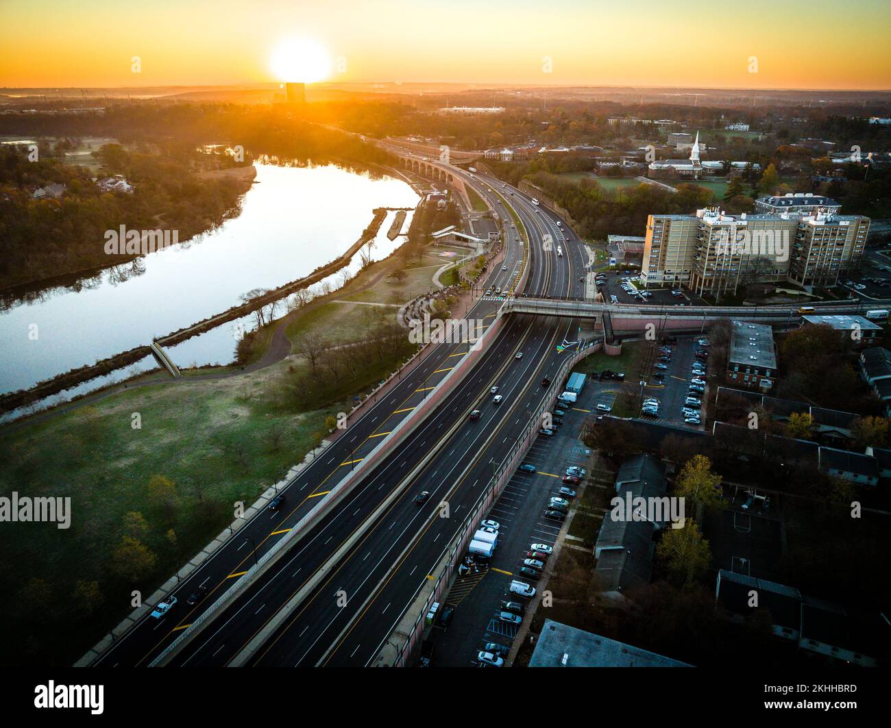 A drone view of a city skyline with buildings and highways near the ...