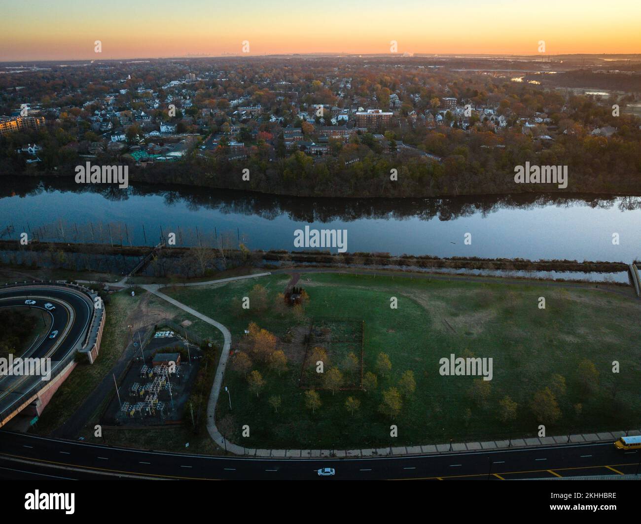 A drone view of a city skyline with buildings and highways near the ...