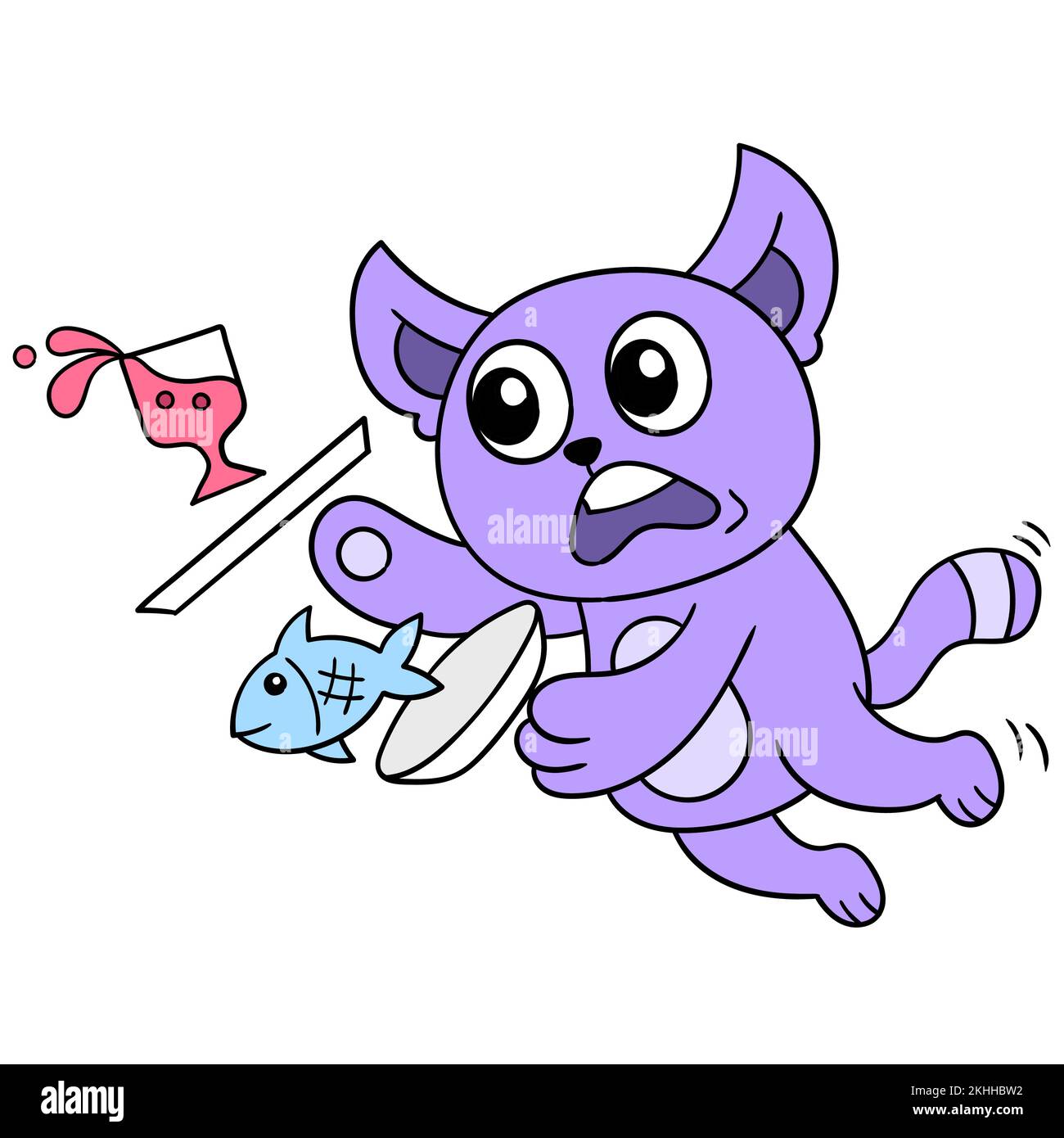 A doodle drawing of the cat slipping down while carrying fish and drink ...