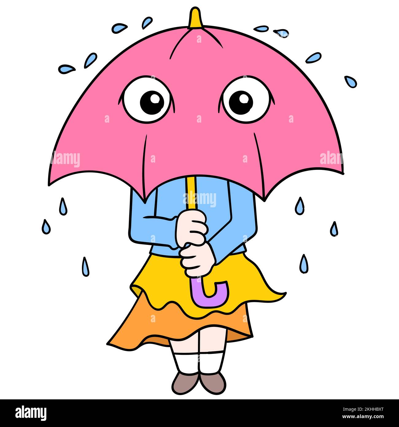A doodle drawing of a girl holding the umbrella during the heavy rain ...