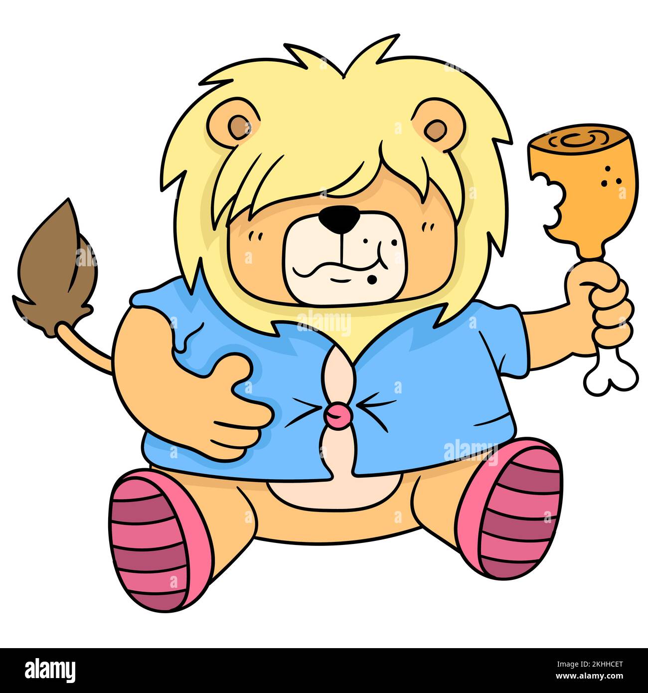 A doodle drawing of the fat lion sitting holding the meat and eating it ...