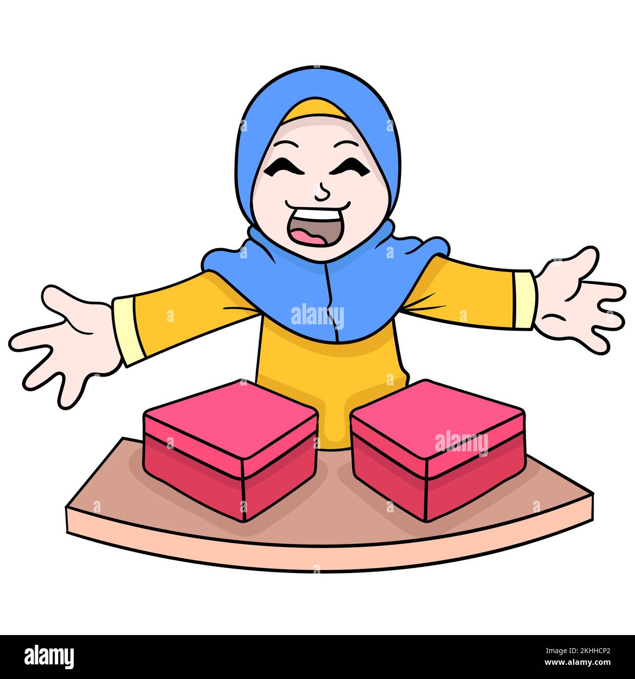 A doodle drawing of a Muslim hijab girl happy to distribute gifts to ...