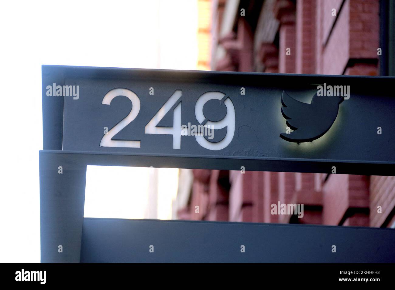 Twitter logo outside the company's corporate office in New York City ...
