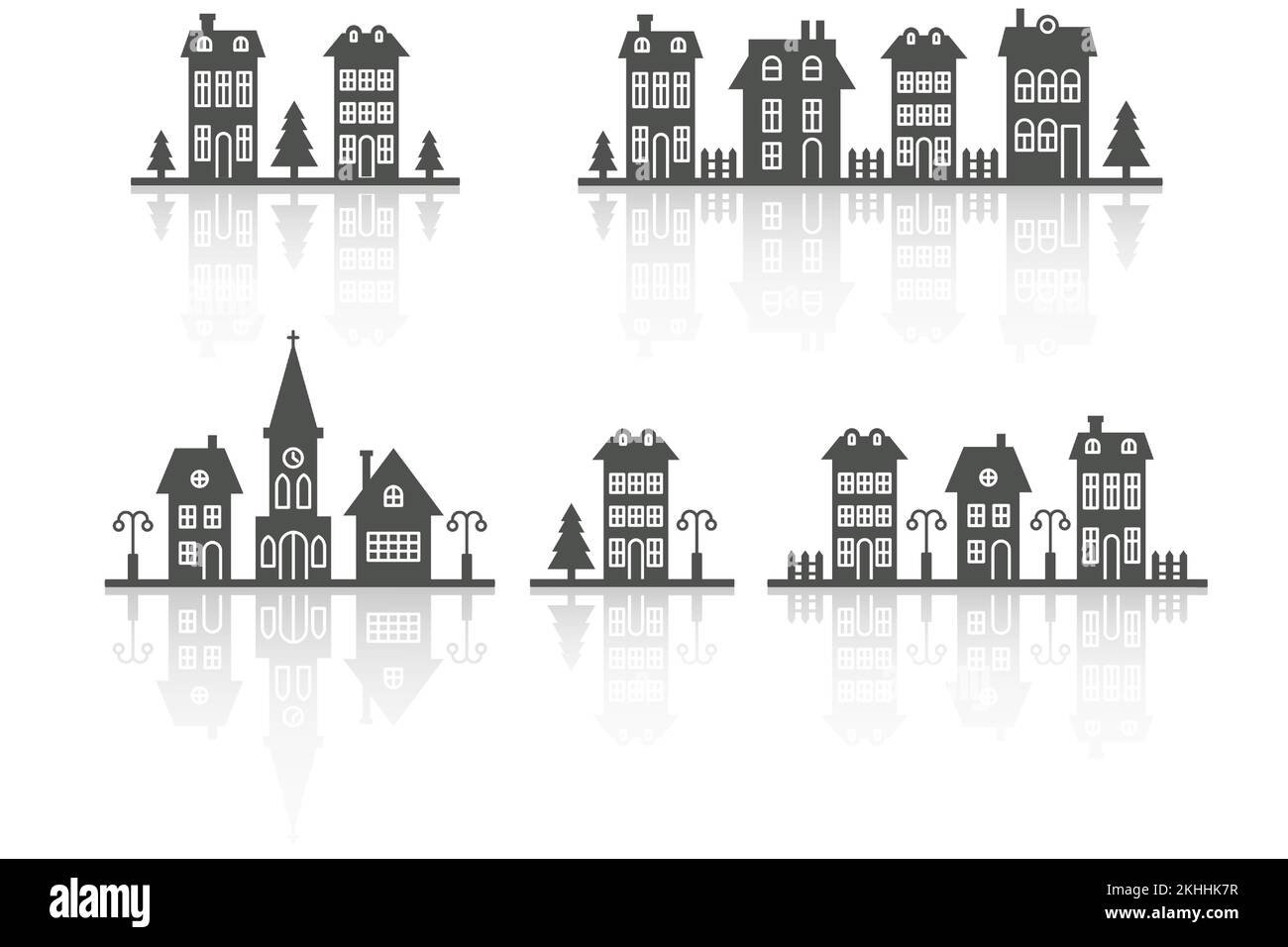 Suburban neighborhood landscape. Silhouette of houses and church on the ...