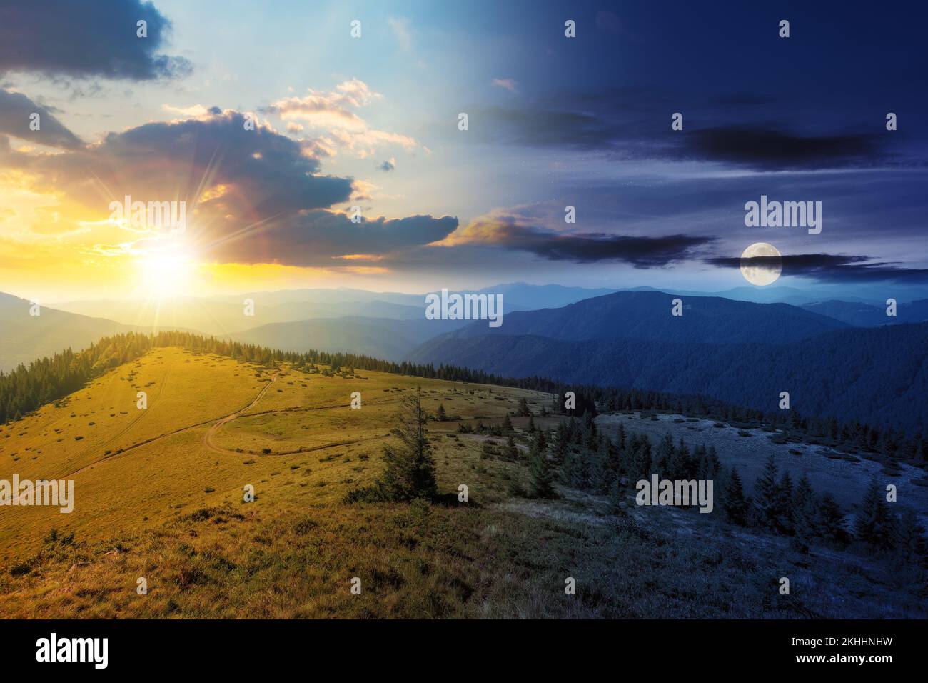 green nature environment of trascarpathia at twilight. day and night ...