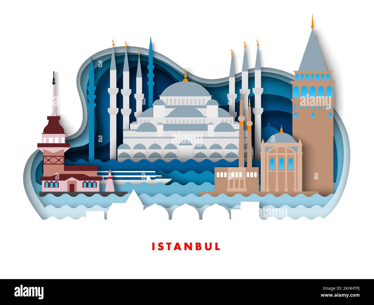 Istanbul turkish city travel landscape vector illustration in paper cut ...