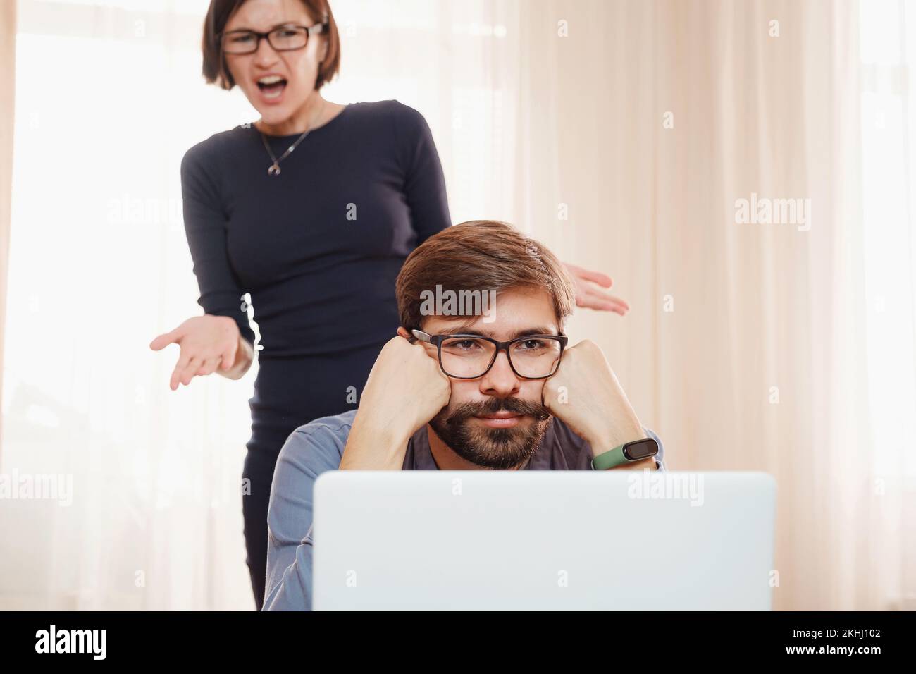 Portrait of attractive mad furious coworkers having fight crisis ...