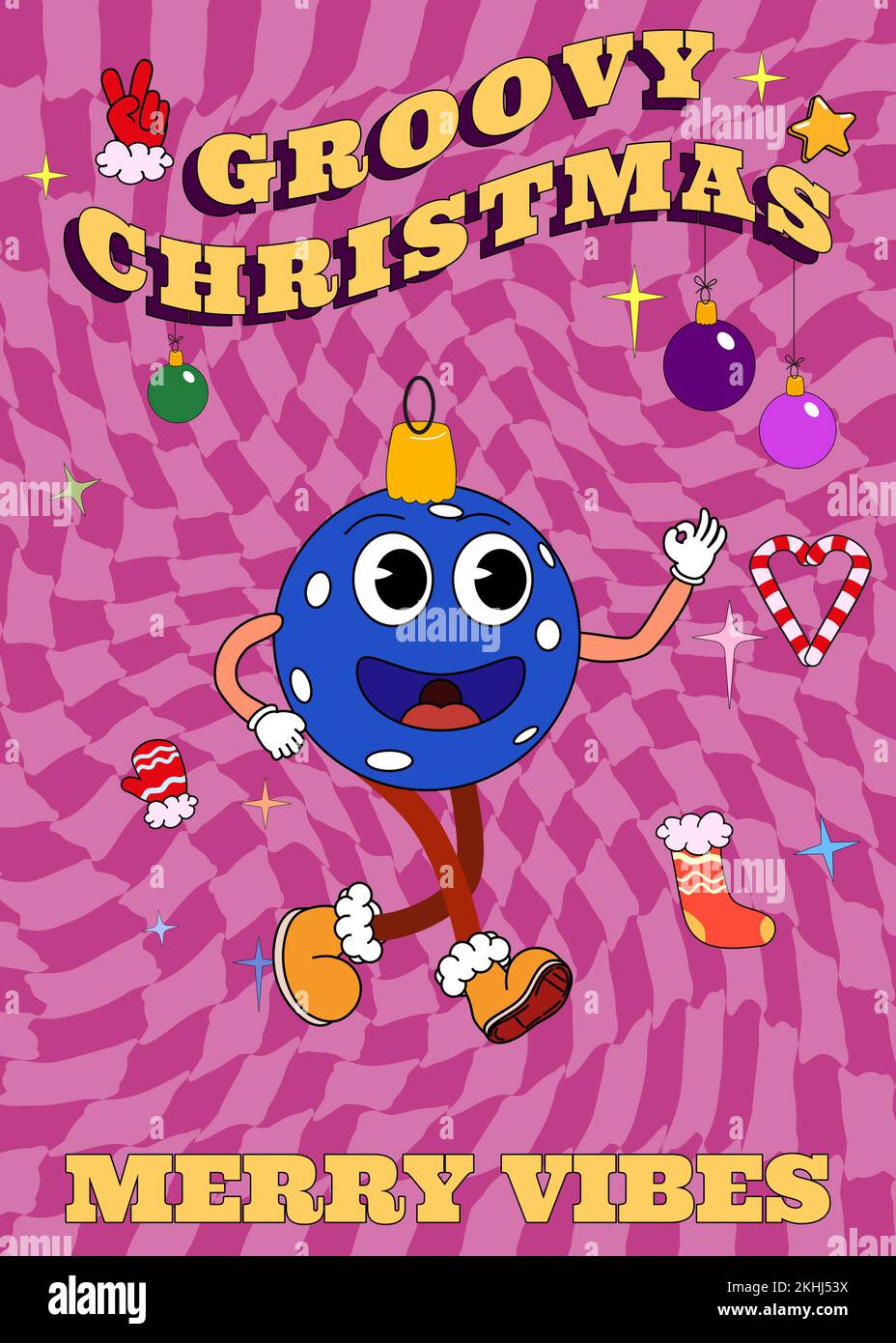 Groovy hippie Christmas poster. Christmas Ball in trendy retro cartoon style Stock Vector Image ...