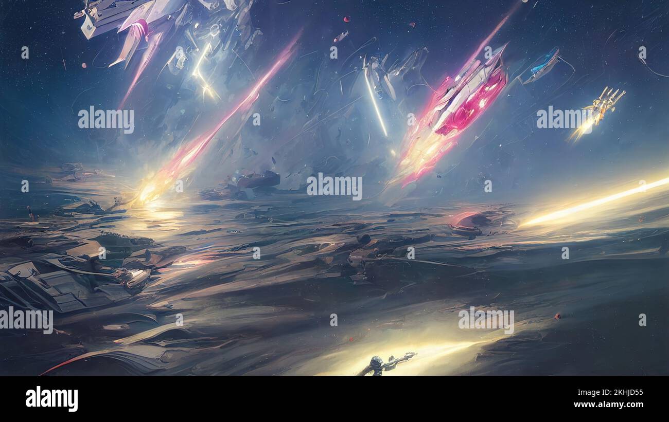 Space battle of spaceships and battle cruisers, laser shots sparks and ...