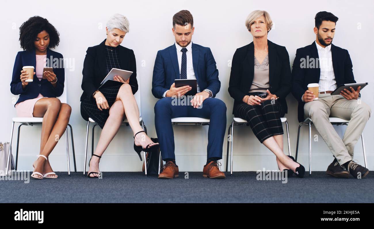 Tablet, phone and recruitment people row with young, senior and ...