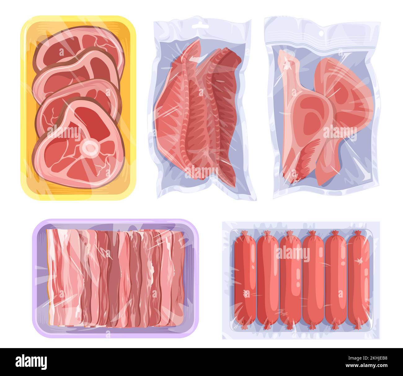 Vacuum food vector. Set of meat, poultry, seafood on plastic trays ...