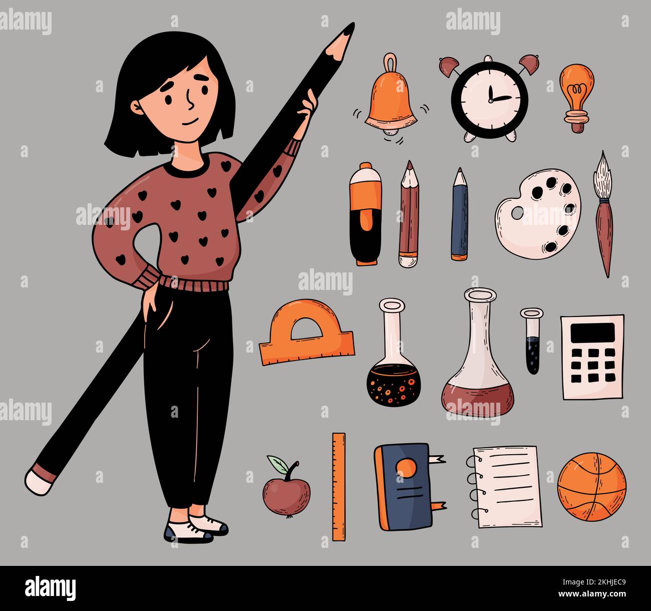 School collection. Girl schoolgirl with big pencil and school subjects ...