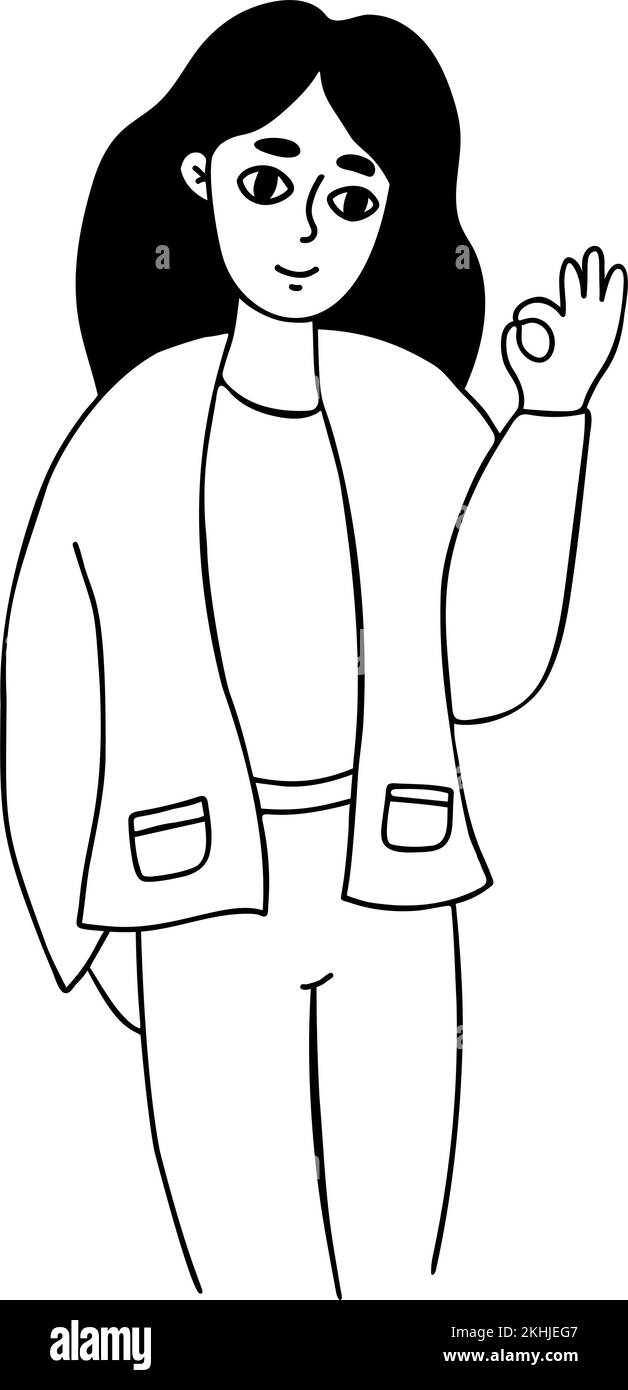 Happy girl with long hair and shows hand gesture ok. Vector ...