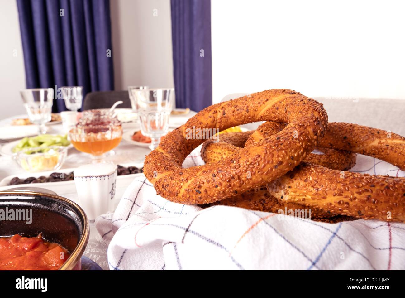 Turkish breakfast concept with bagel called simit in Turkish. Delicious ...