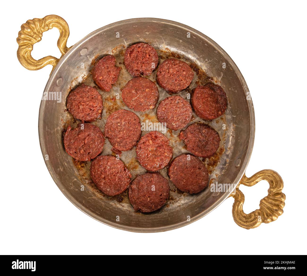 Top view photo of traditional Turkish fried sausage called sucuk ...