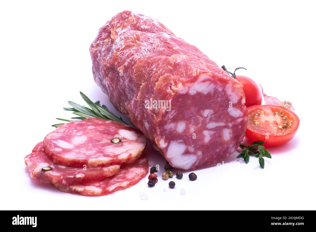 Sliced Smoked dry Salami sausage isolated on white background Stock Photo - Alamy
