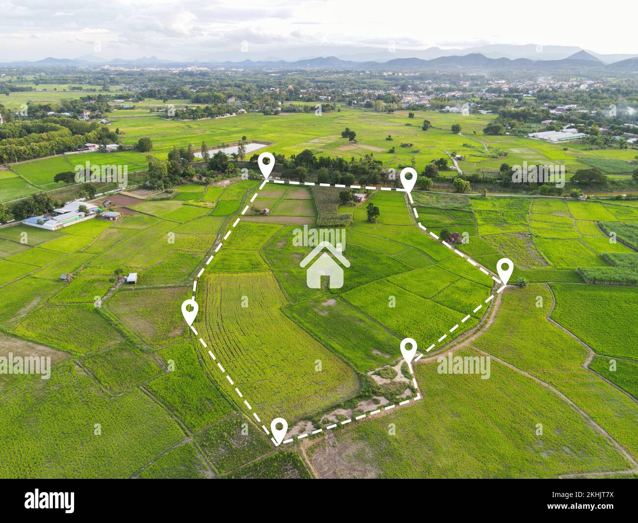 Land plot for building house aerial view, land field with pins, pin ...