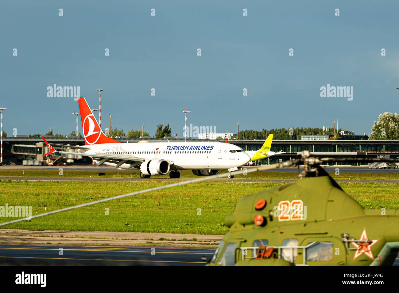 Riga, Latvia - August 19, 2021: Turkish Airlines aircraft Boeing 737 max 8 (TC-LCC) landing ...