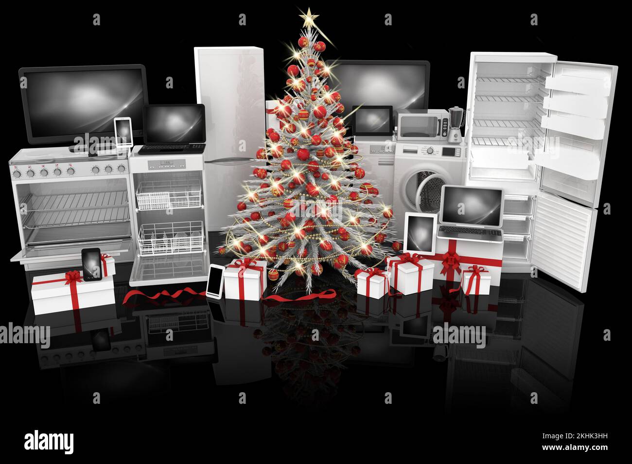 3D illustration. Christmas tree decorated white. Christmas technology ...