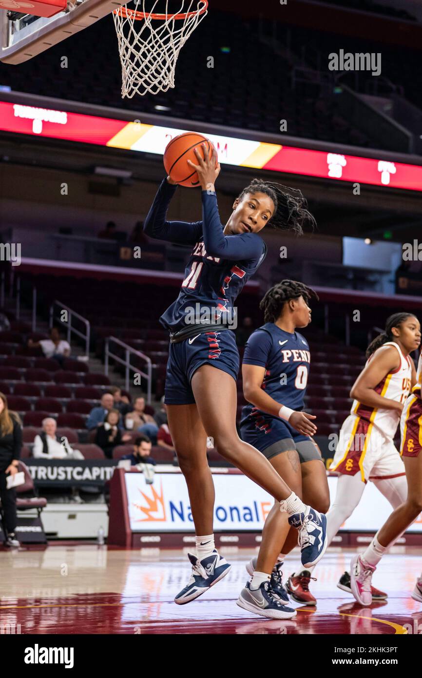 Pennsylvania Quakers guard Simone Sawyer (11) grabs a rebound during a ...