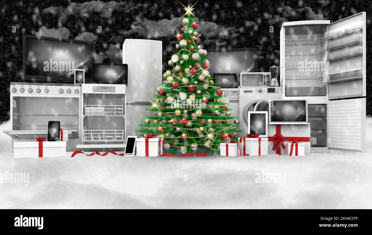 3D illustration. Christmas tree decorated green under the snow ...
