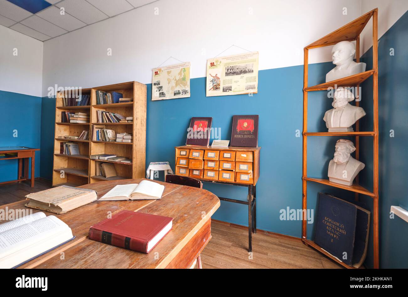 A recreation of the prison library, complete with white marble busts of ...