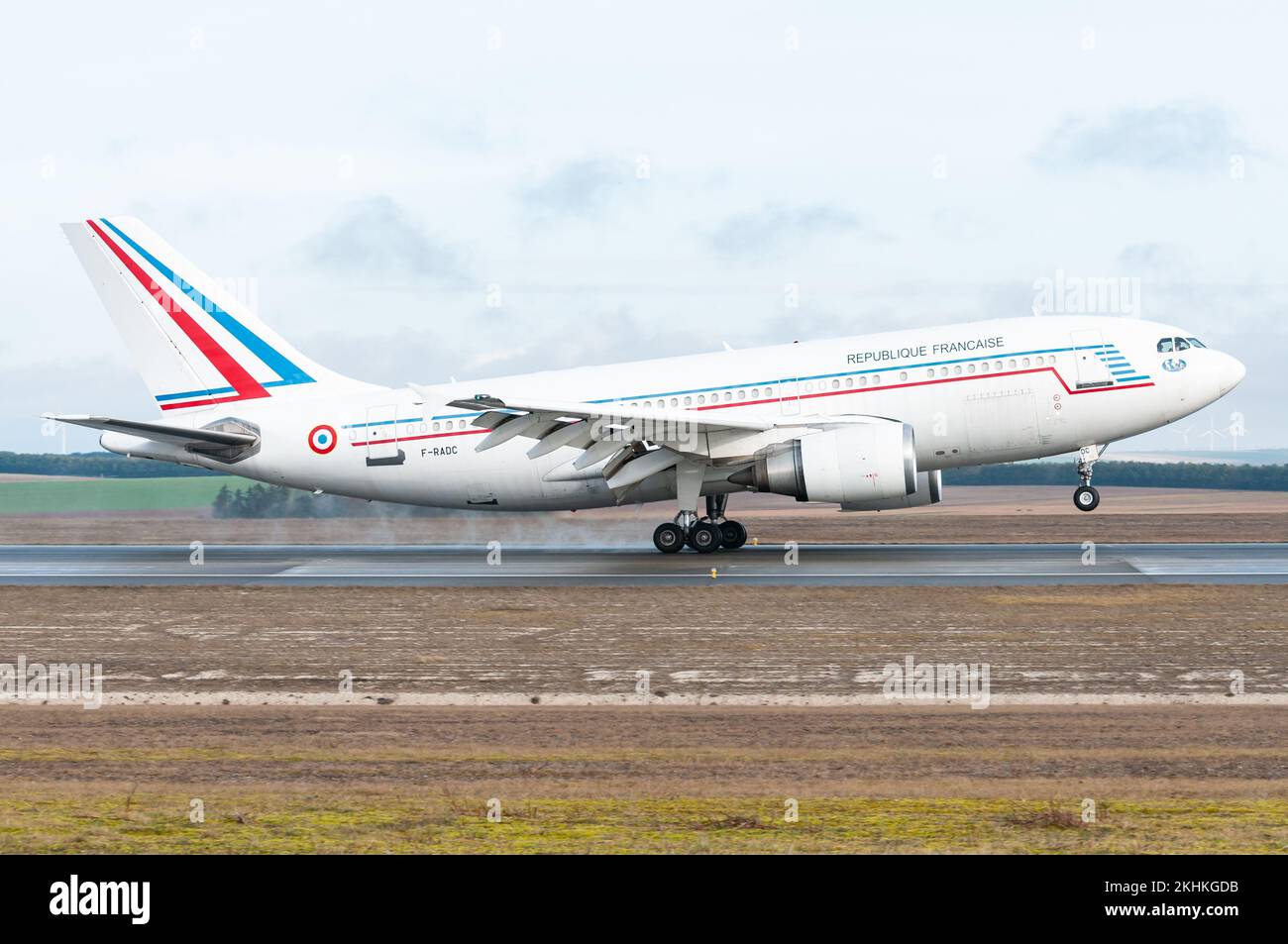 A closeup shot of a French Air Force Airbus A-310 touching the ground ...