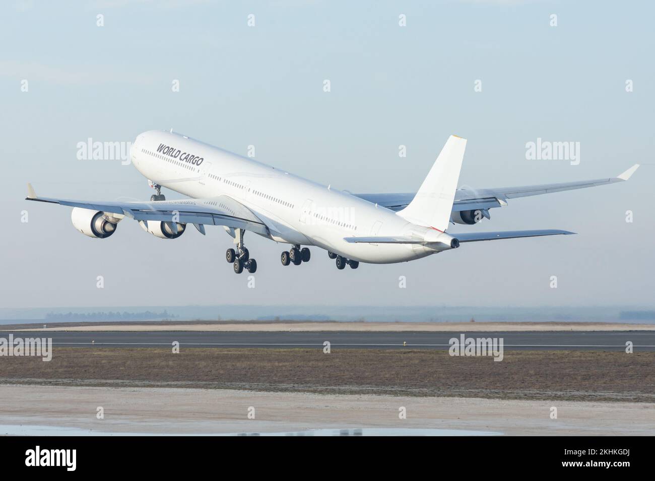 A closeup shot of an aircraft performing a powerful takeoff at Vatry ...
