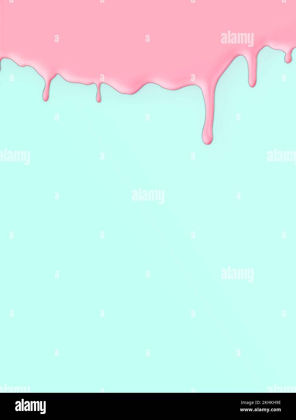 Pink cream color paint drips dripping on light sky blue vertical wall ...