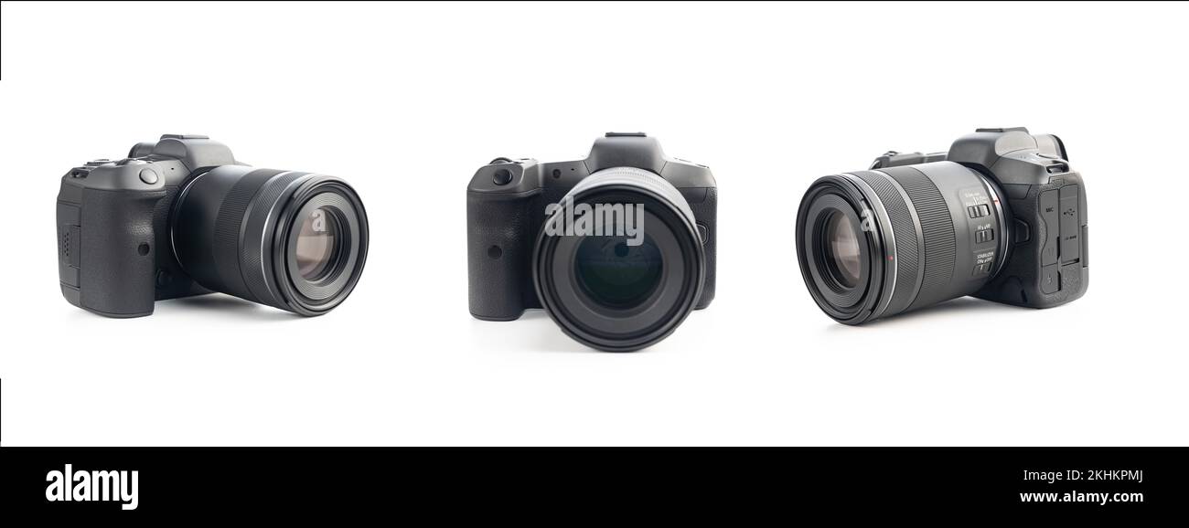 Digital mirrorless camera isolated on the white background. Three ...