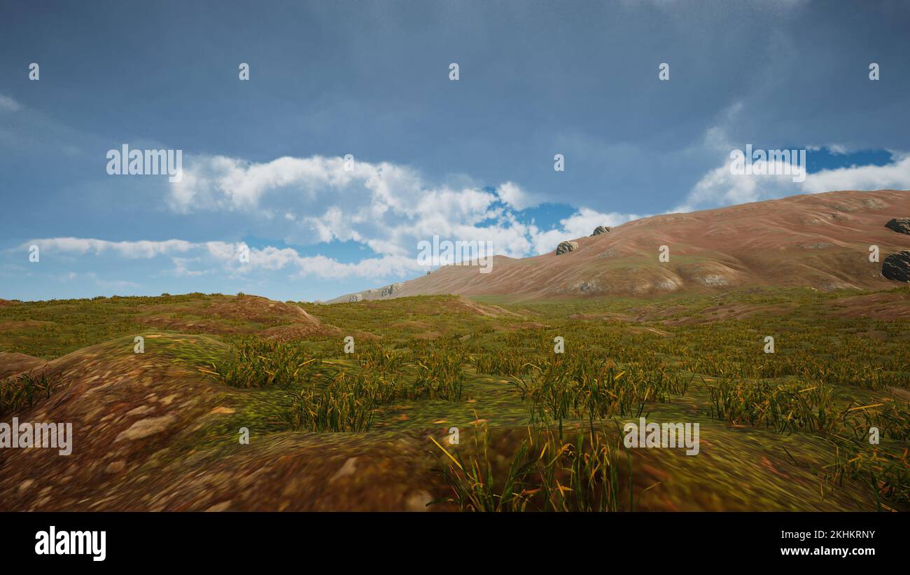 3D rendering. Natural environment of a green island with no trees ...