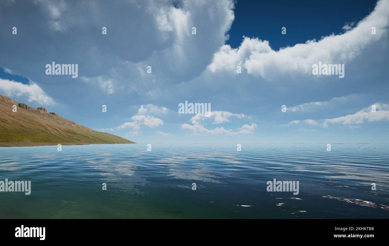 3D rendering. Natural environment of a green island with no trees ...