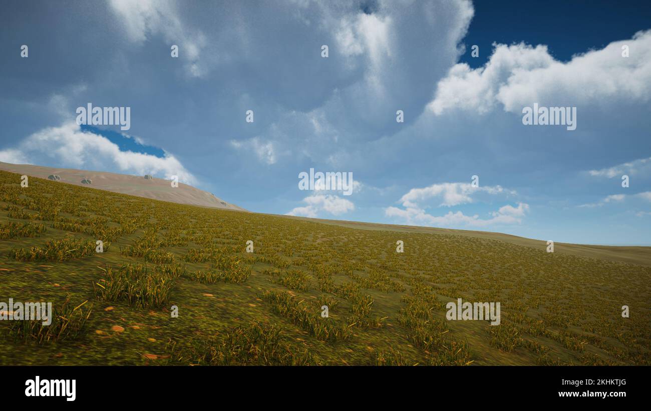 3D rendering. Natural environment of a green island with no trees ...