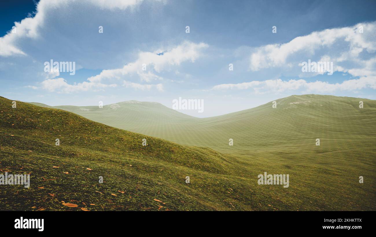 3D rendering. Natural environment of a green island with no trees ...