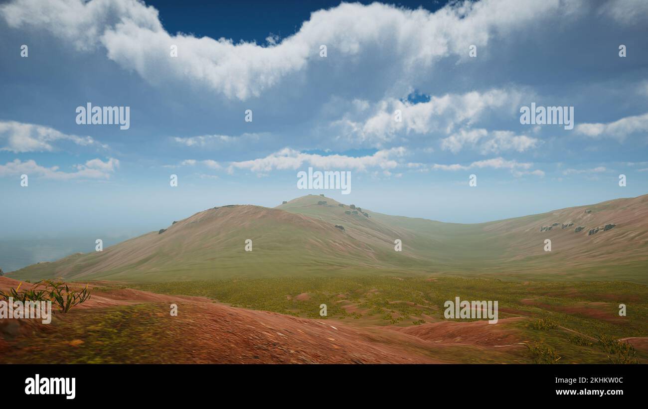 3D rendering. Natural environment of a green island with no trees ...