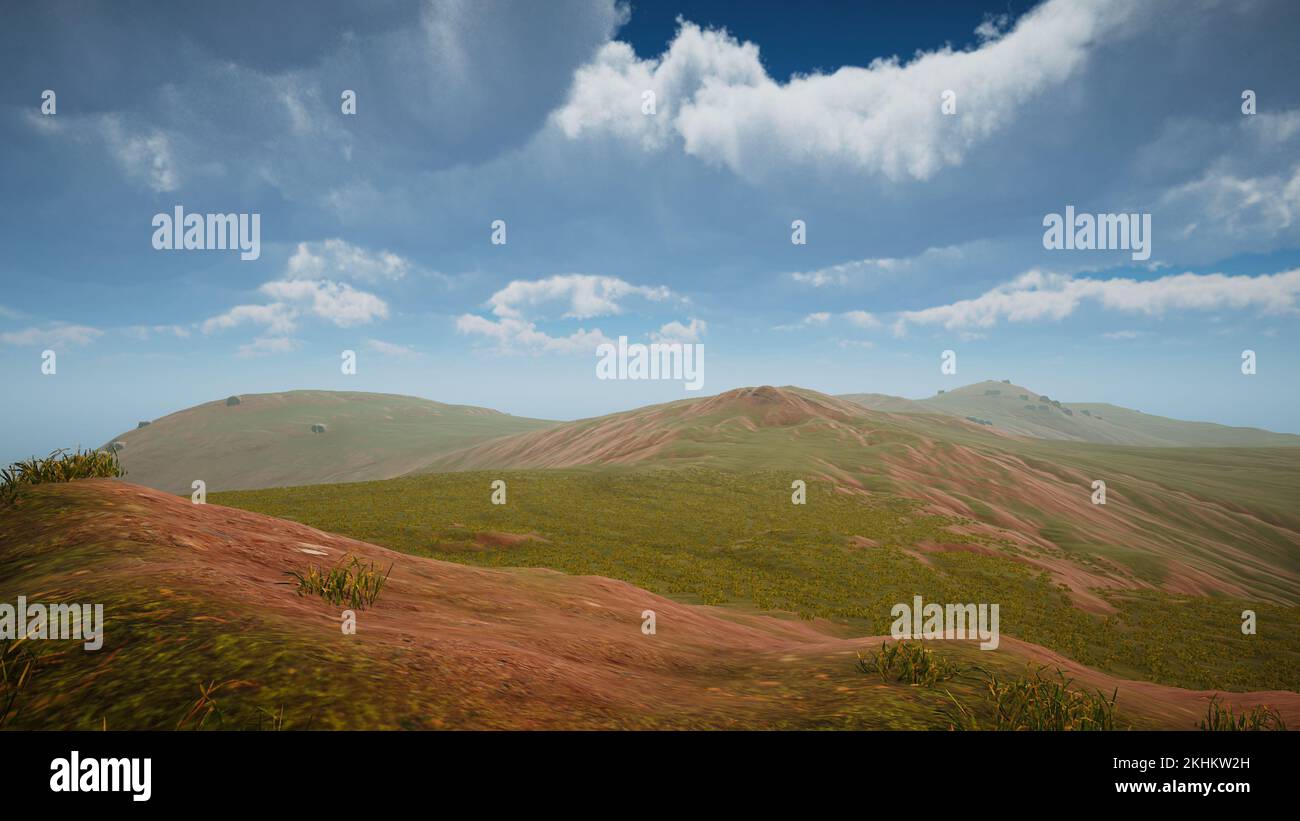 3D rendering. Natural environment of a green island with no trees ...