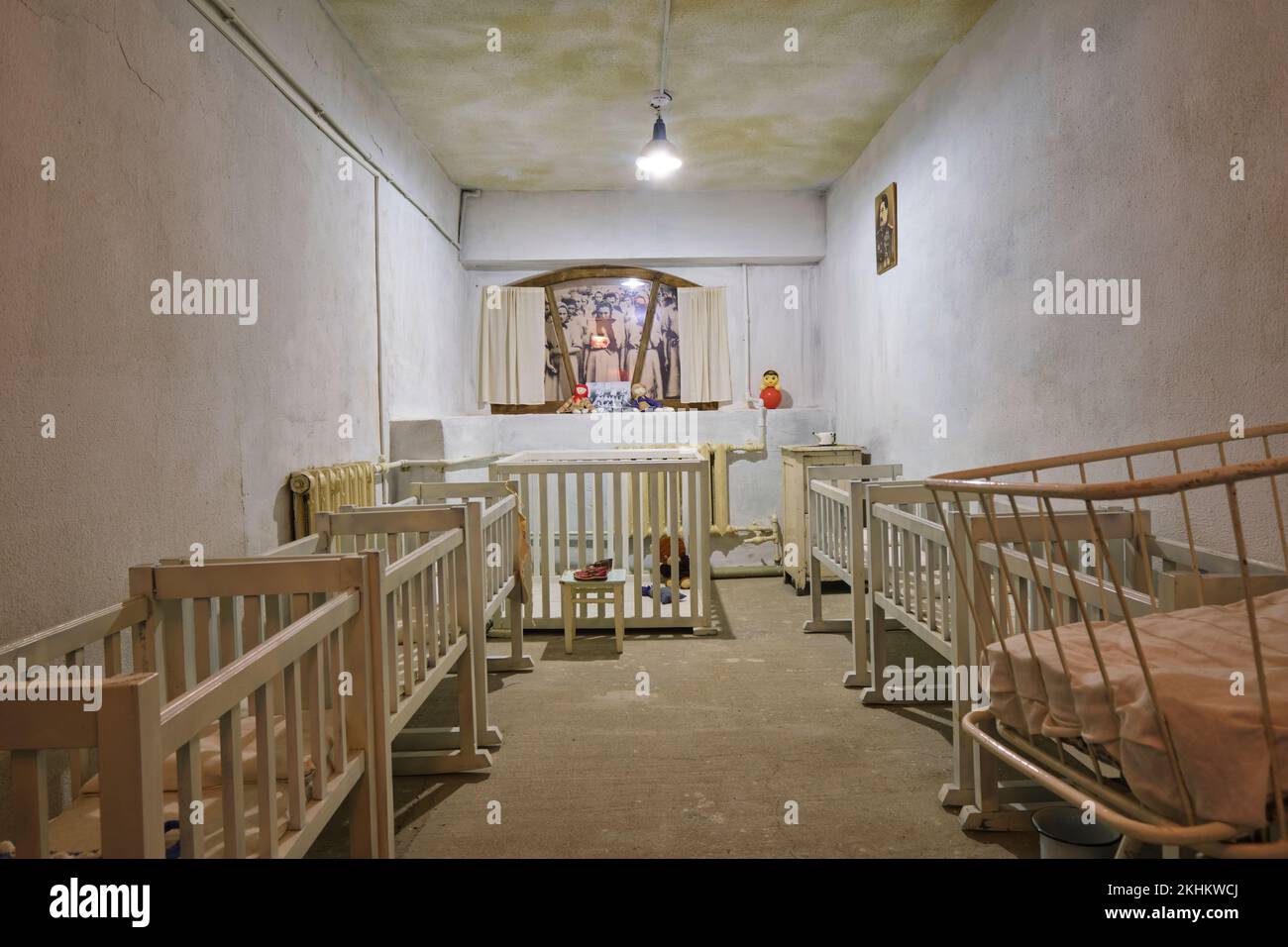 Recreation of the child, baby ward, filled with sleeping cribs at the ...