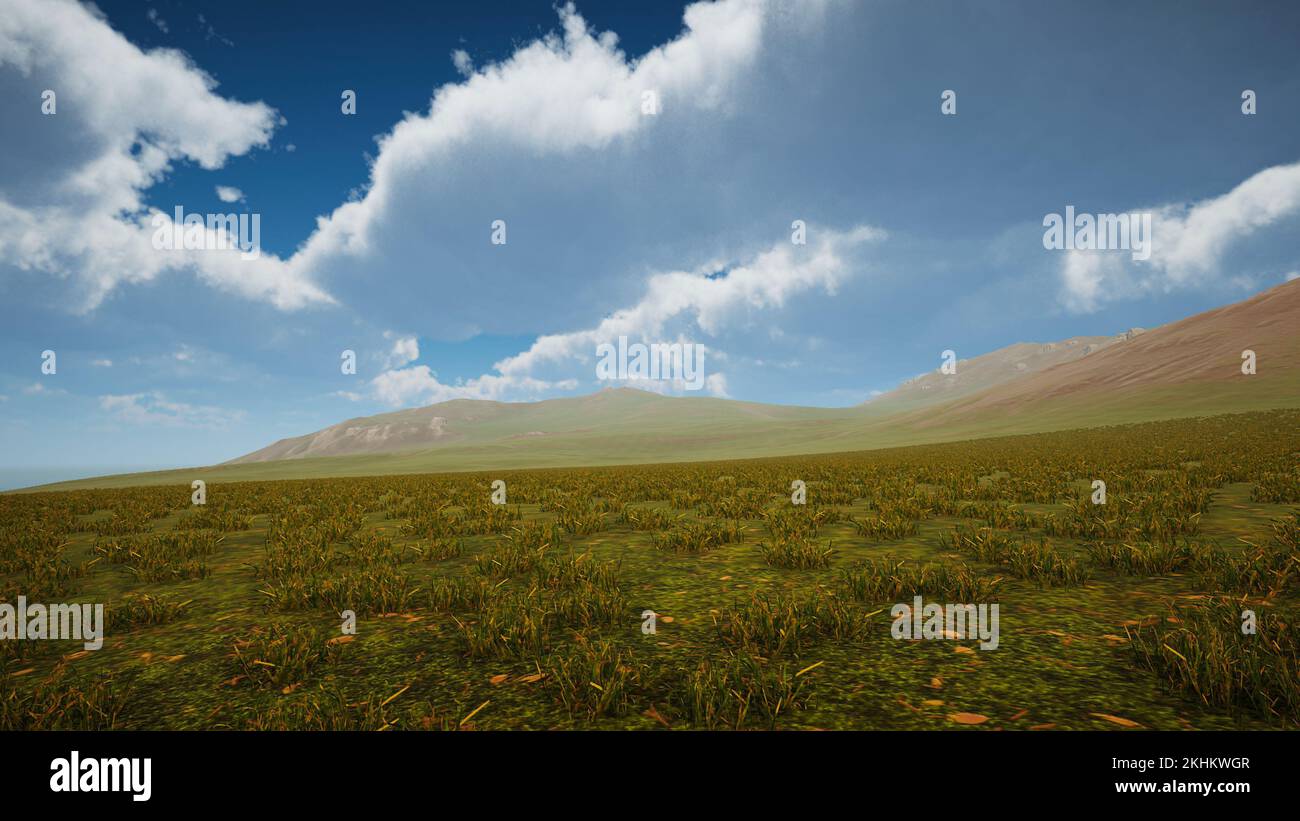 3D rendering. Natural environment of a green island with no trees ...