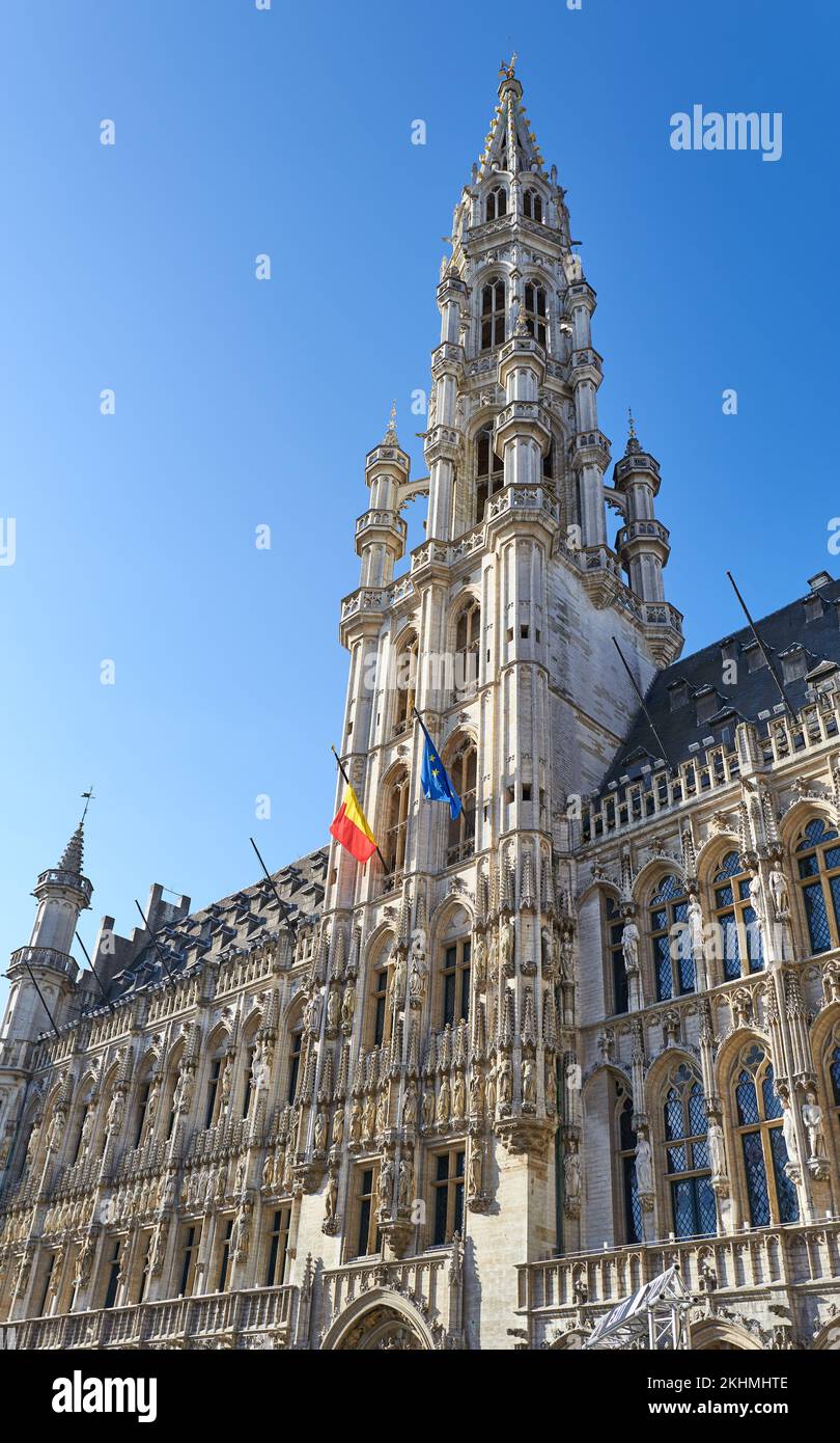 Brussels, Beigium, view of the tower of the town hall in the Grand ...