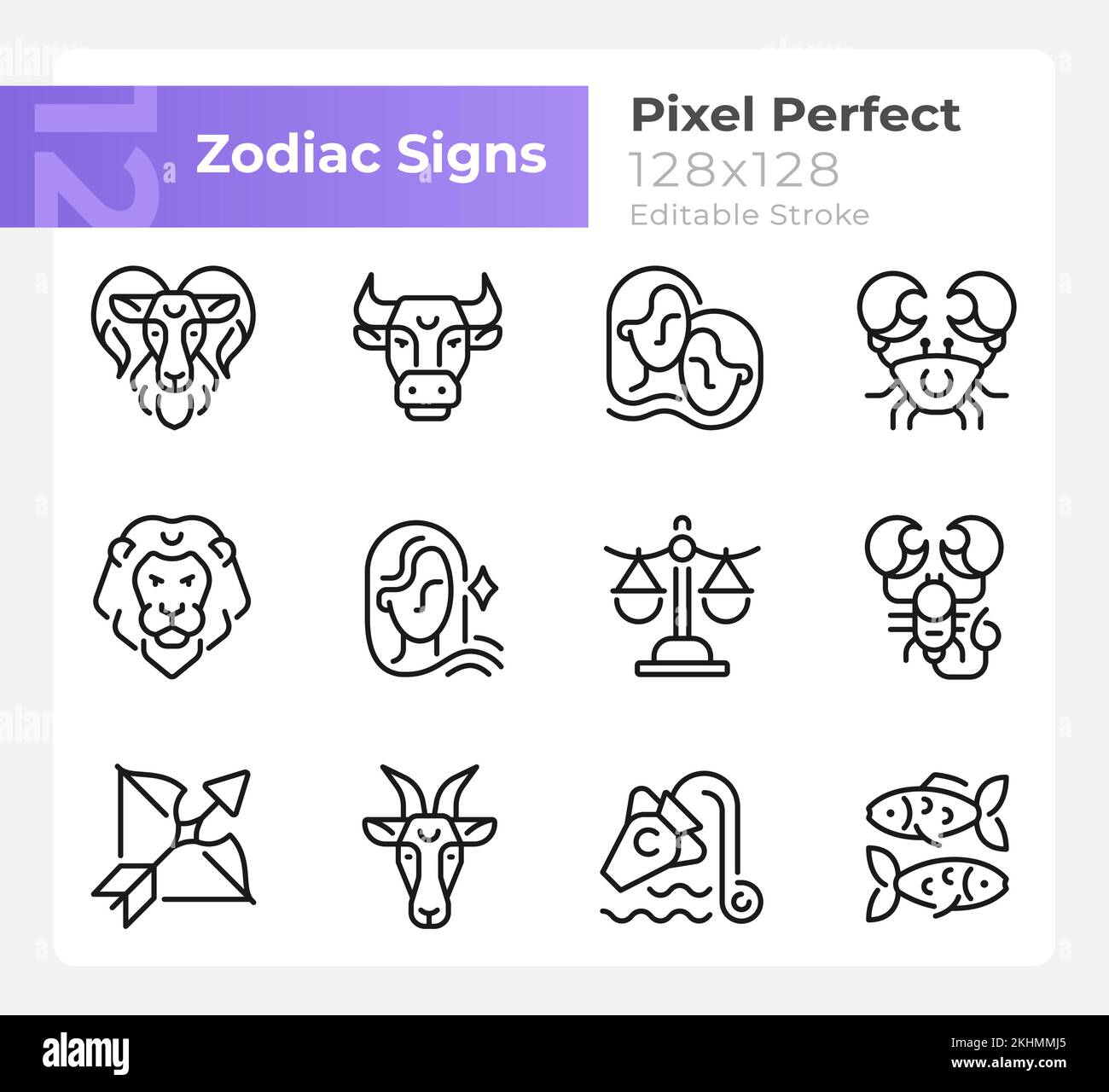 Astrological signs pixel perfect linear icons set Stock Vector Image ...