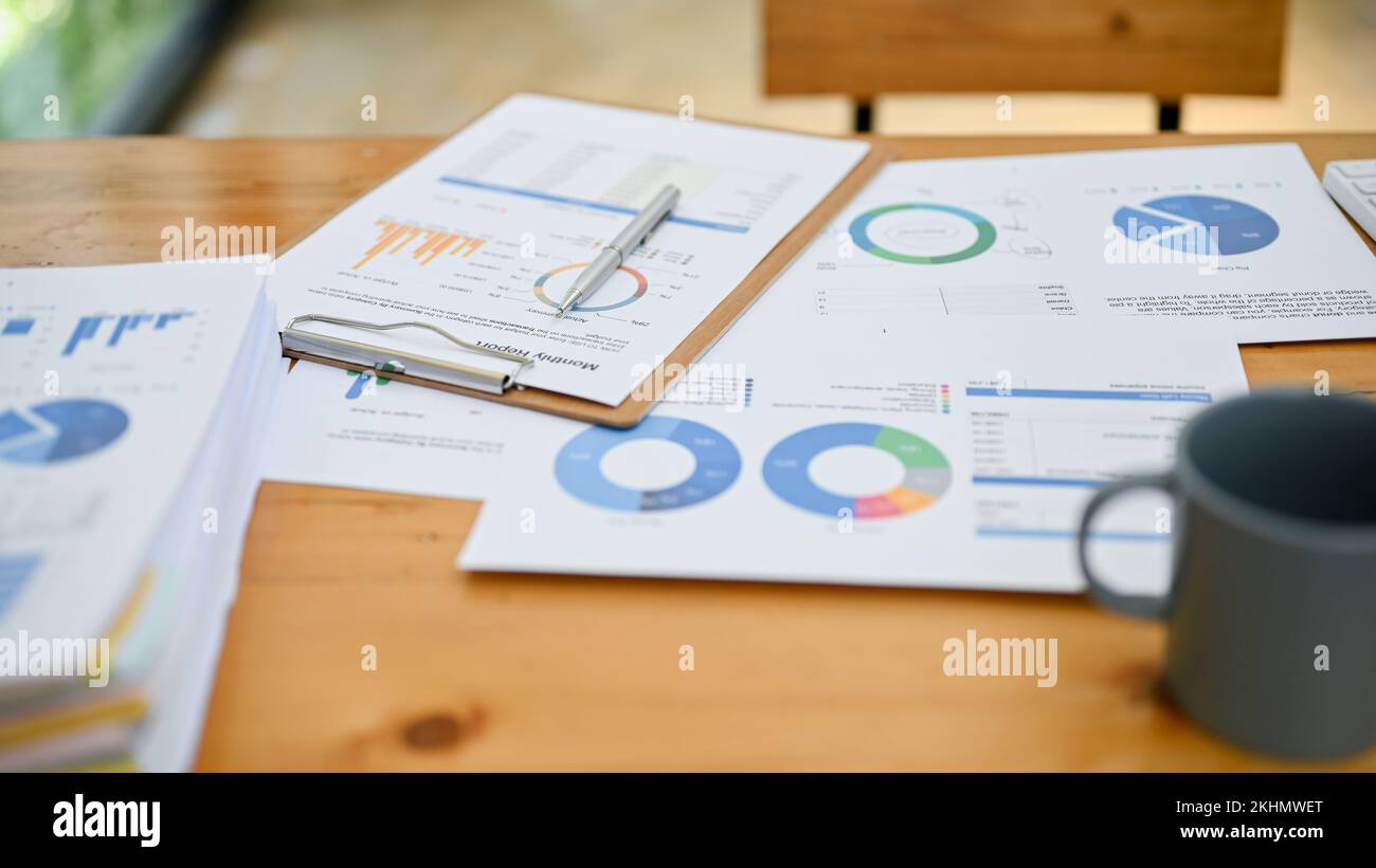 Financial report paperwork on an office desk. close-up image, business ...