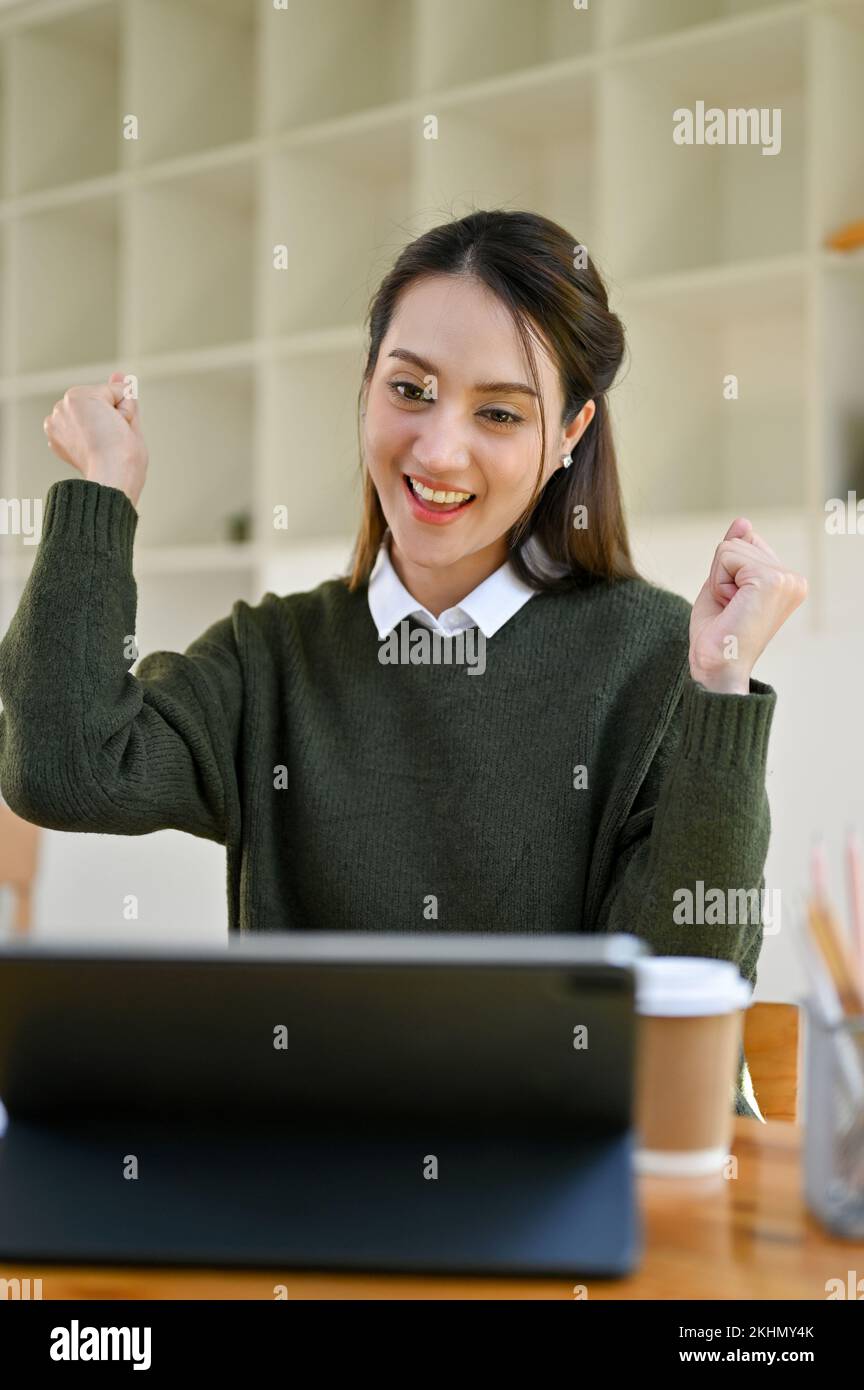 Portrait, Cheerful and beautiful young Asian businesswoman or female ...