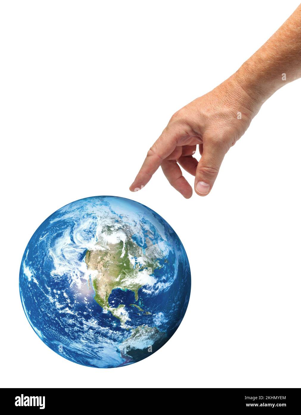 Male hand reaching to touch blue planet Earth, isolated. Ecology and ...