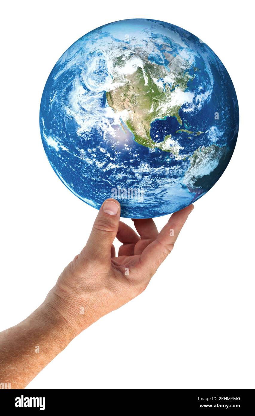 Male hand holding and supporting blue planet Earth, isolated. Ecology ...