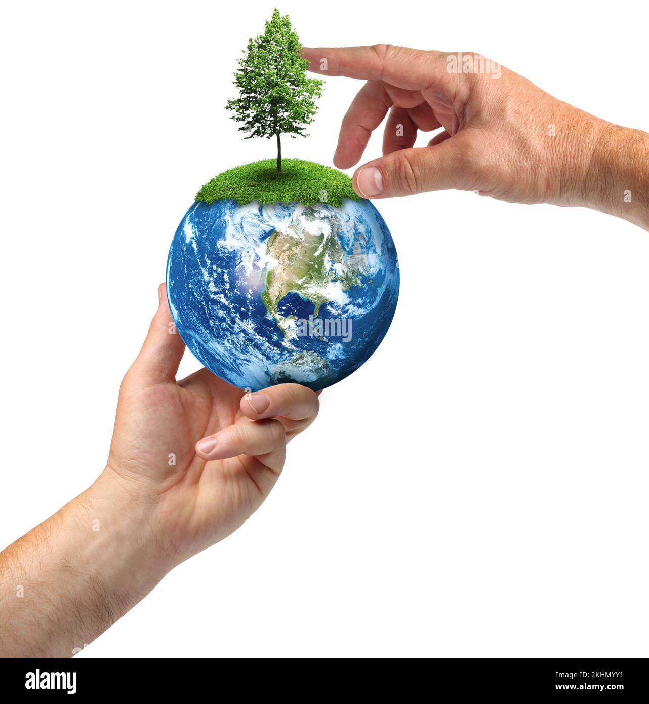 Hands planting a tree on blue planet Earth, isolated. Save the planet ...