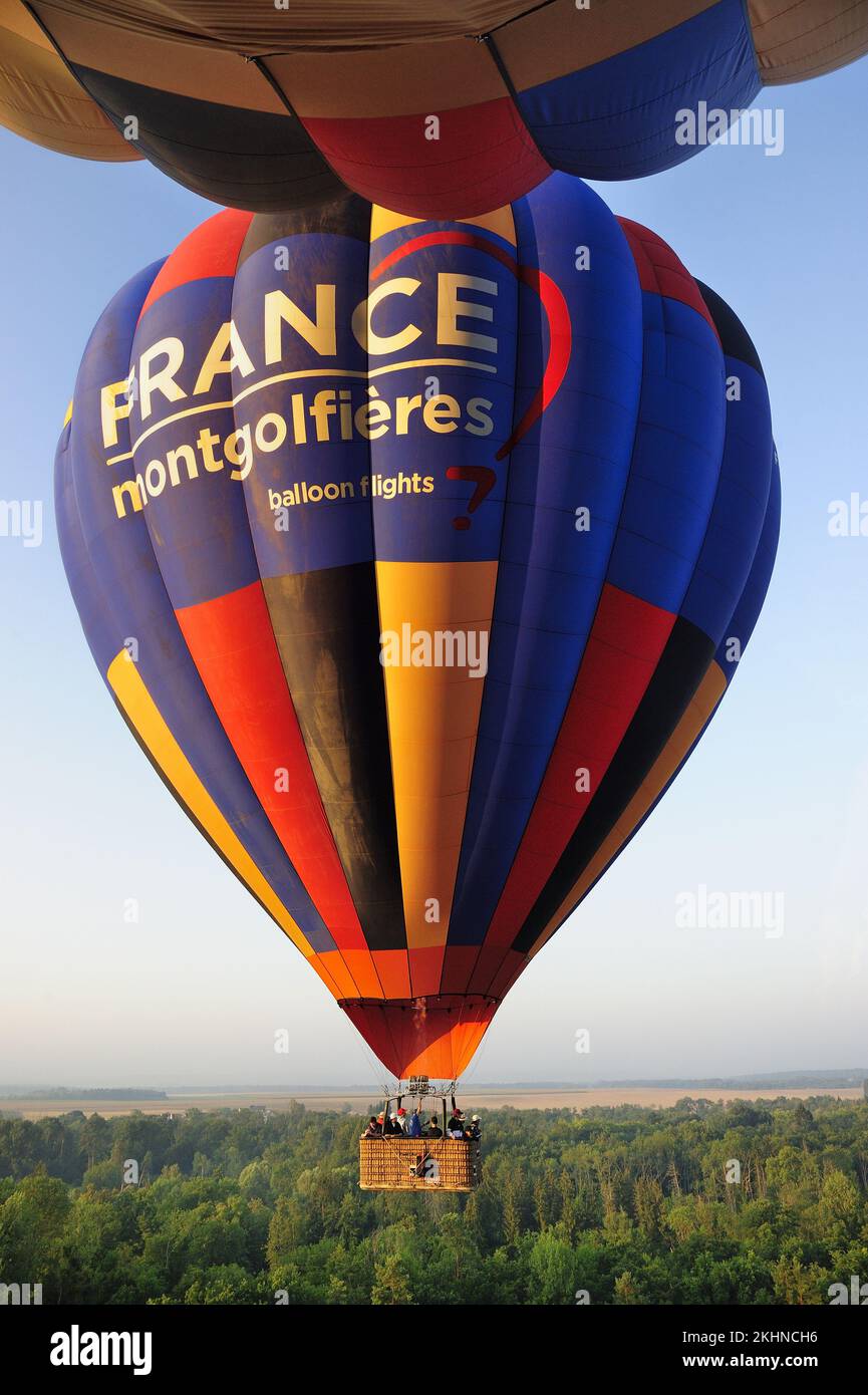 France. Seine-et-Marne (77) Hot air balloon flight (aerial view) of the ...