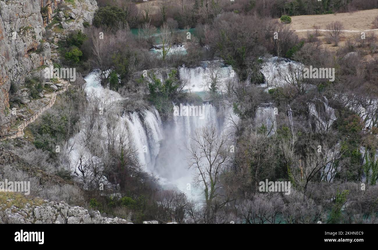 A waterfall in the Krka National Park on a cold autumn day in Croatia ...