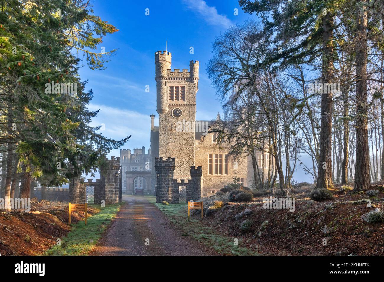 Carbisdale Castle Invershin Scotland early morning mist over the clock ...
