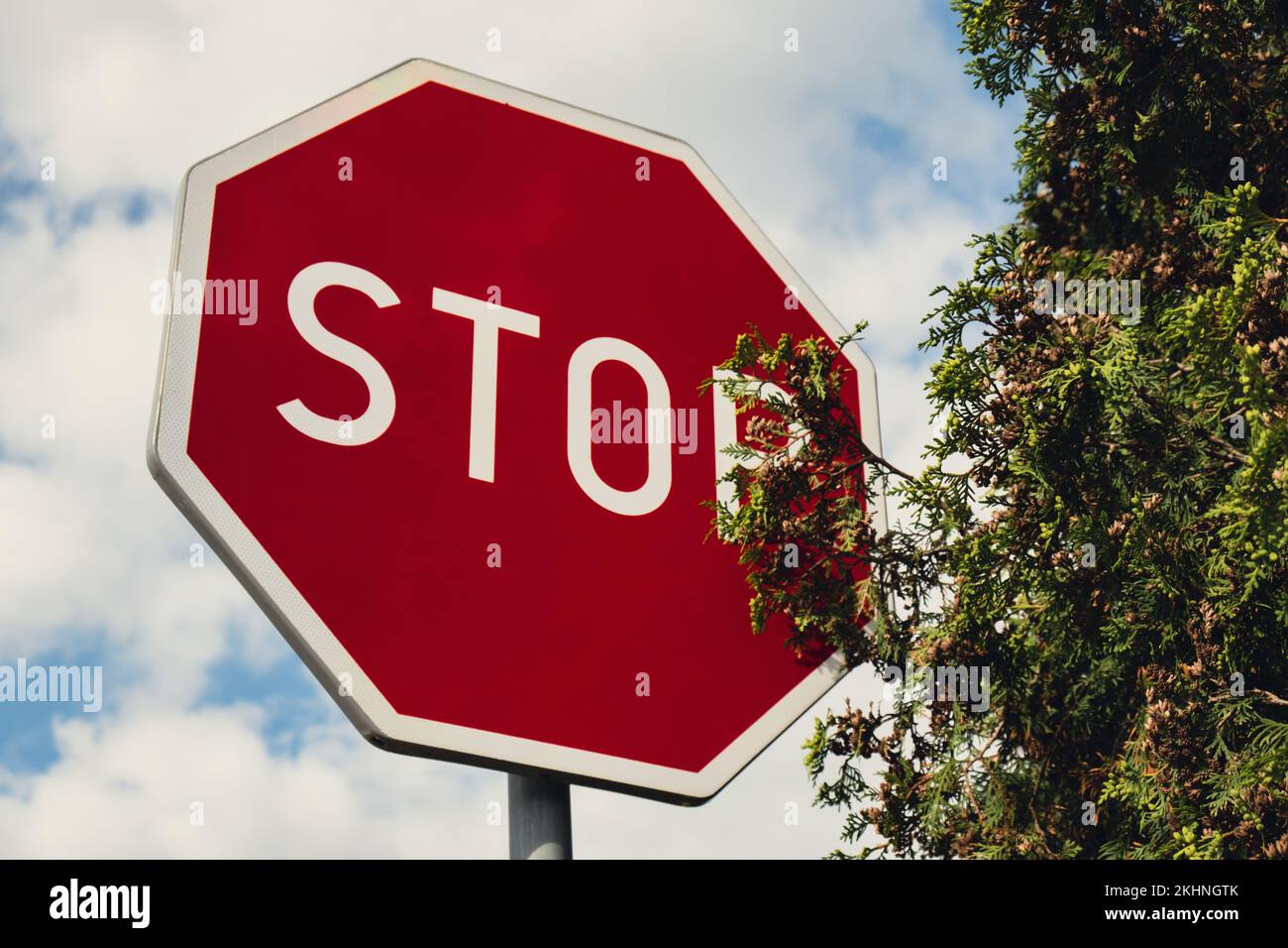 Red stop sign on metal pole on street. Road attention sign on cloudy ...