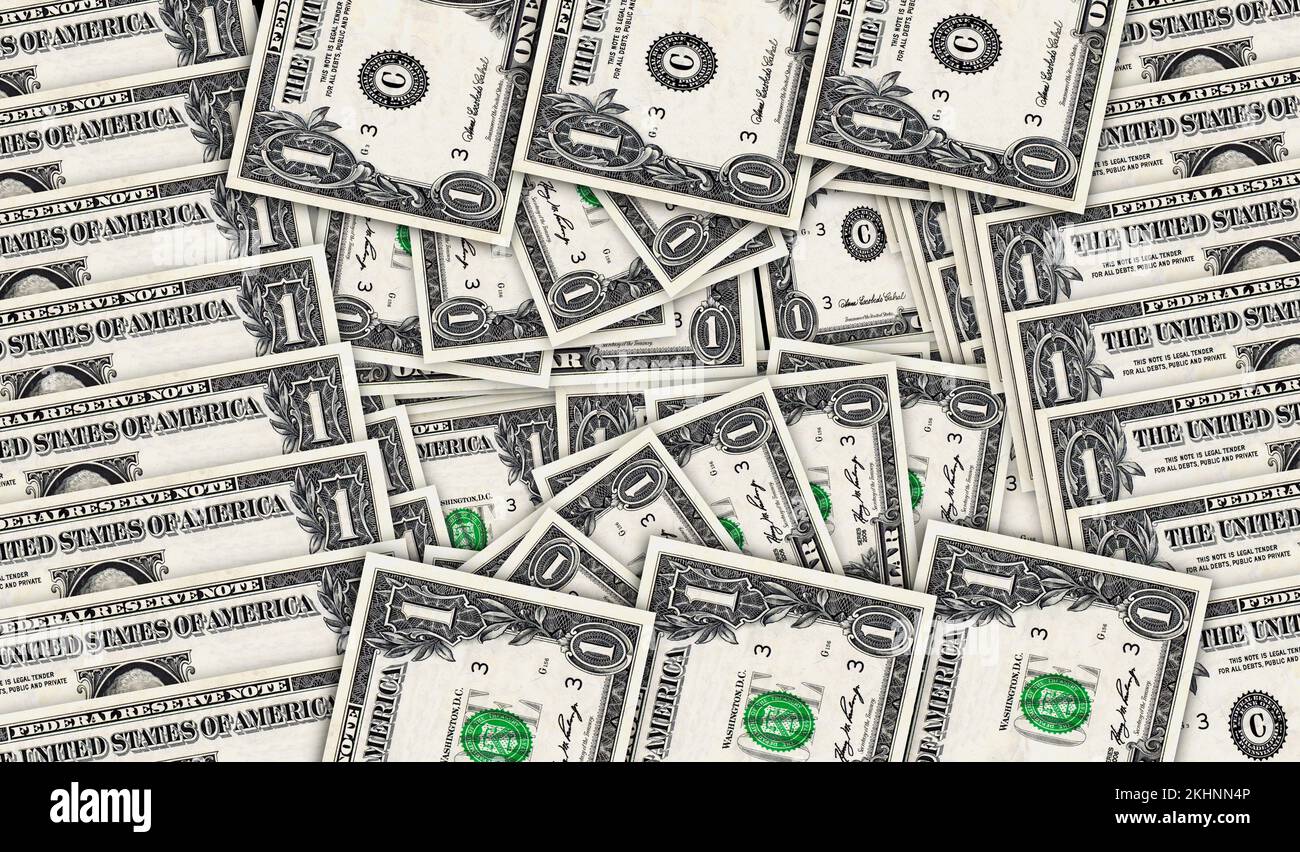 Dollar banknotes in a cash fan mosaic pattern. USA One USD notes ...